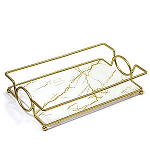 MYITYARD Vanity Tray, Bathroom Countertop Decorative Perfume Tray, Metal and Glass Tray for Jewelry, Makeup, Votive Candle Storage Organizer, 10.6" x 6.3", Gold