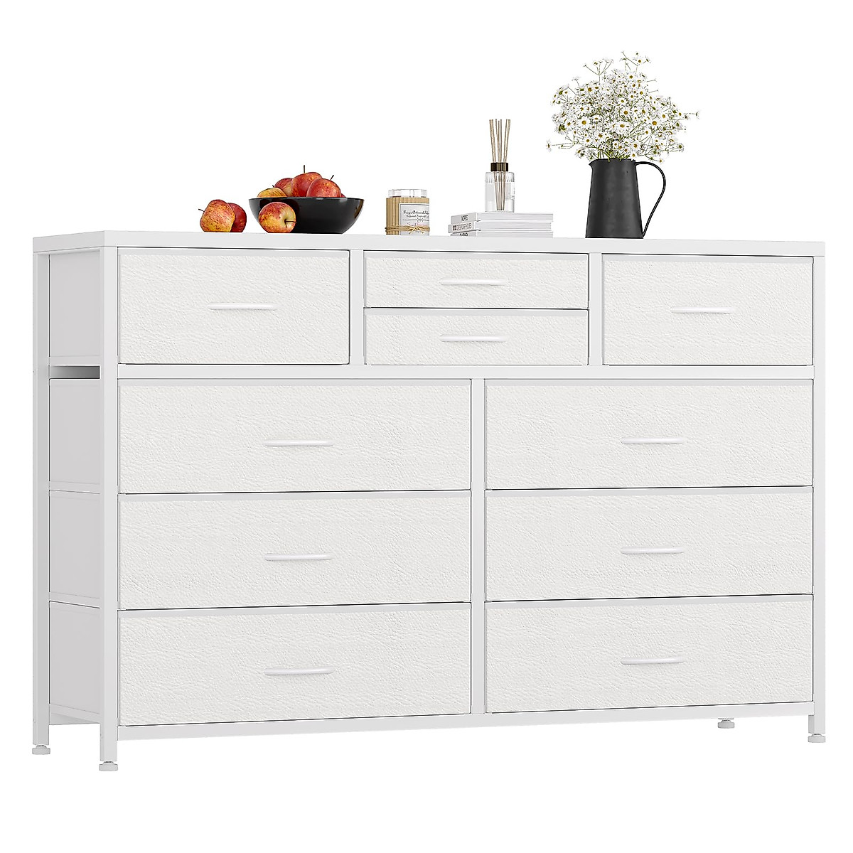 Jojoka Wide 10 Drawer Dresser,TV Stand Entertainment Center Fabric Storage Dressers Drawers for Bedroom, Hallway, Nursery, Closets, Steel Frame, Wood Top (White)