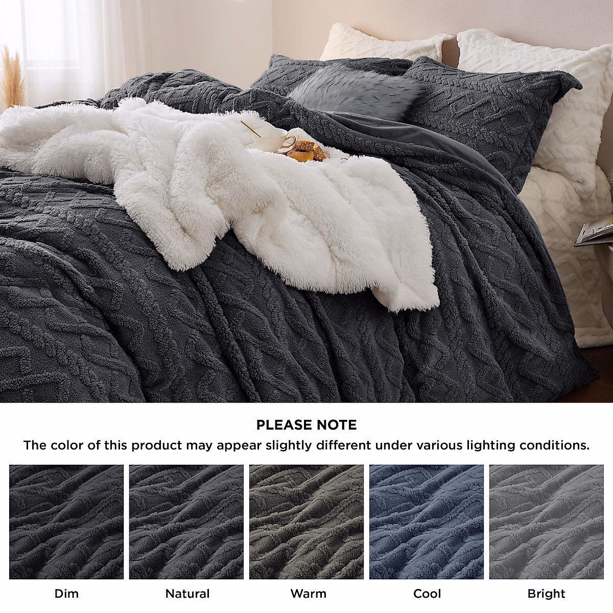 Bedsure Fluffy Comforter Cover Set - Faux Fur Duvet Cover Queen Size, Dark Grey Plush Quilt Cover, 3 Pieces,1 Duvet Cover (90"x90") with Zipper Closure & 2 Pillow Shams, Comforter Not Included