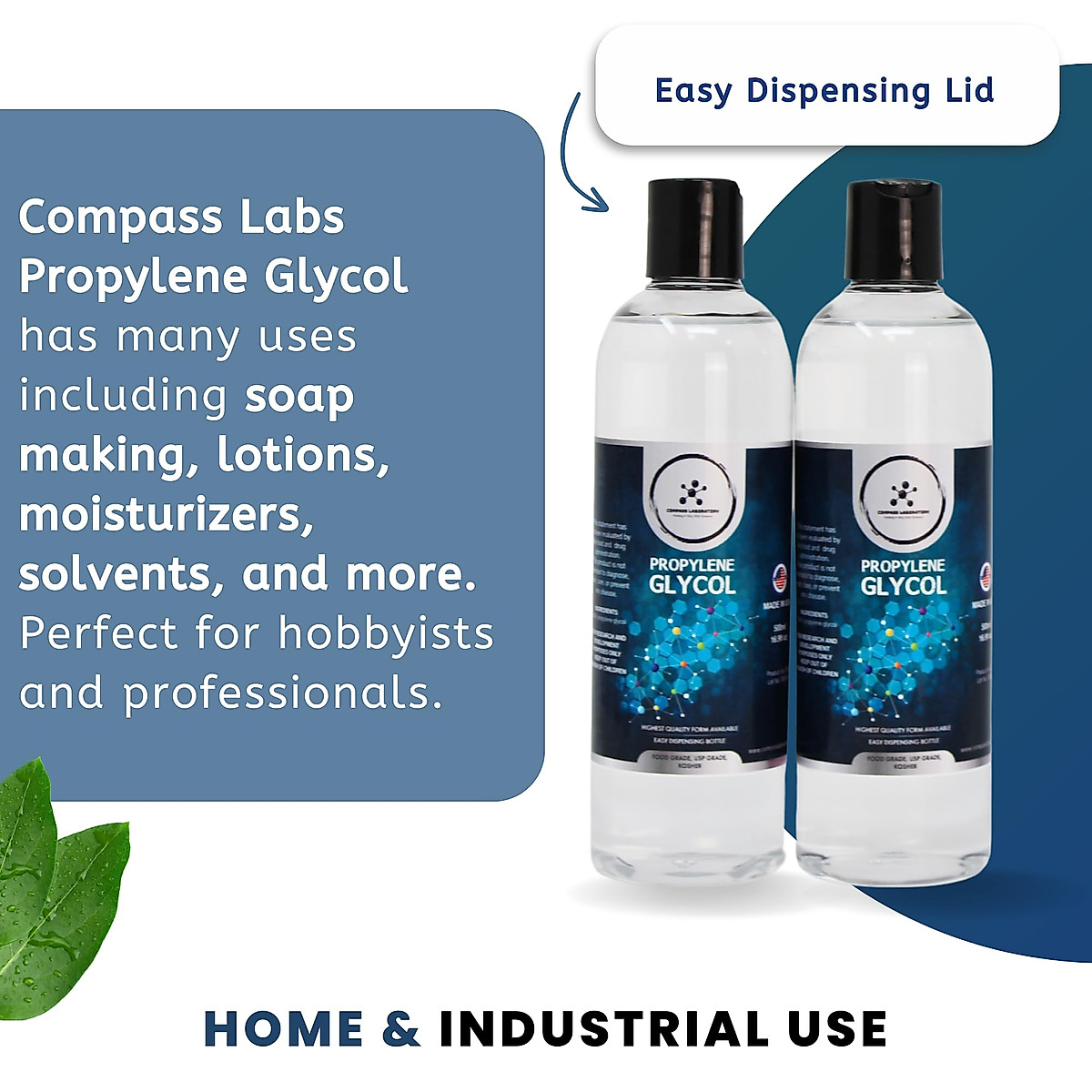 Propylene Glycol 2 Pack, Pure PG Dispensing Bottles, USP Kosher Food Grade PG Liquid for Soaps, Lotions, Moisturizers, Solvents, 500mL by Compass Laboratory