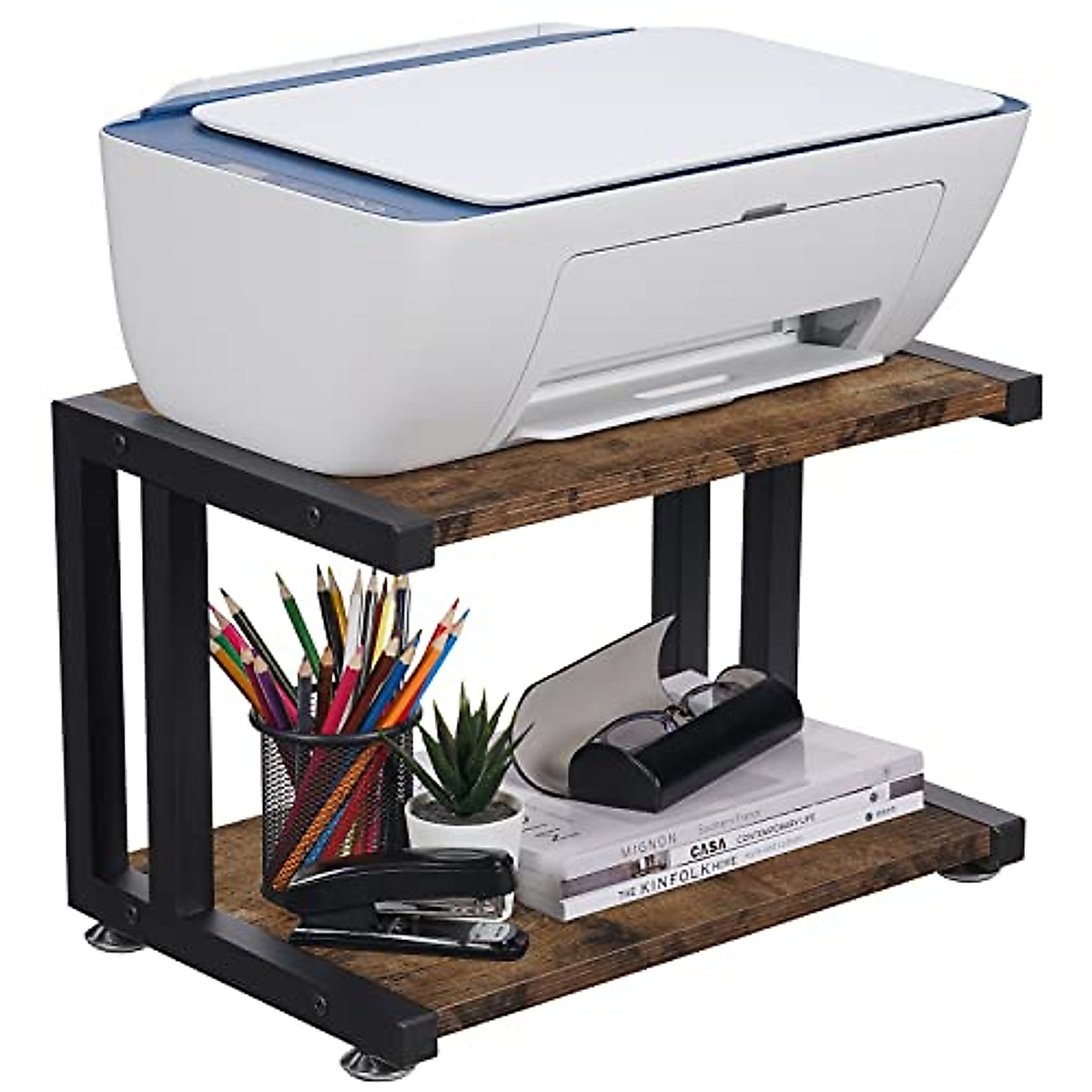 Giikin Printer Stand with 2 Tier Storage Shelves, Home/Office Desktop Stand with Adjustable Anti-Skid Feet, Multi-Purpose Desk Organizer Shelf for Fax Machine, Scanner, Office Supplies (Rustic Brown)