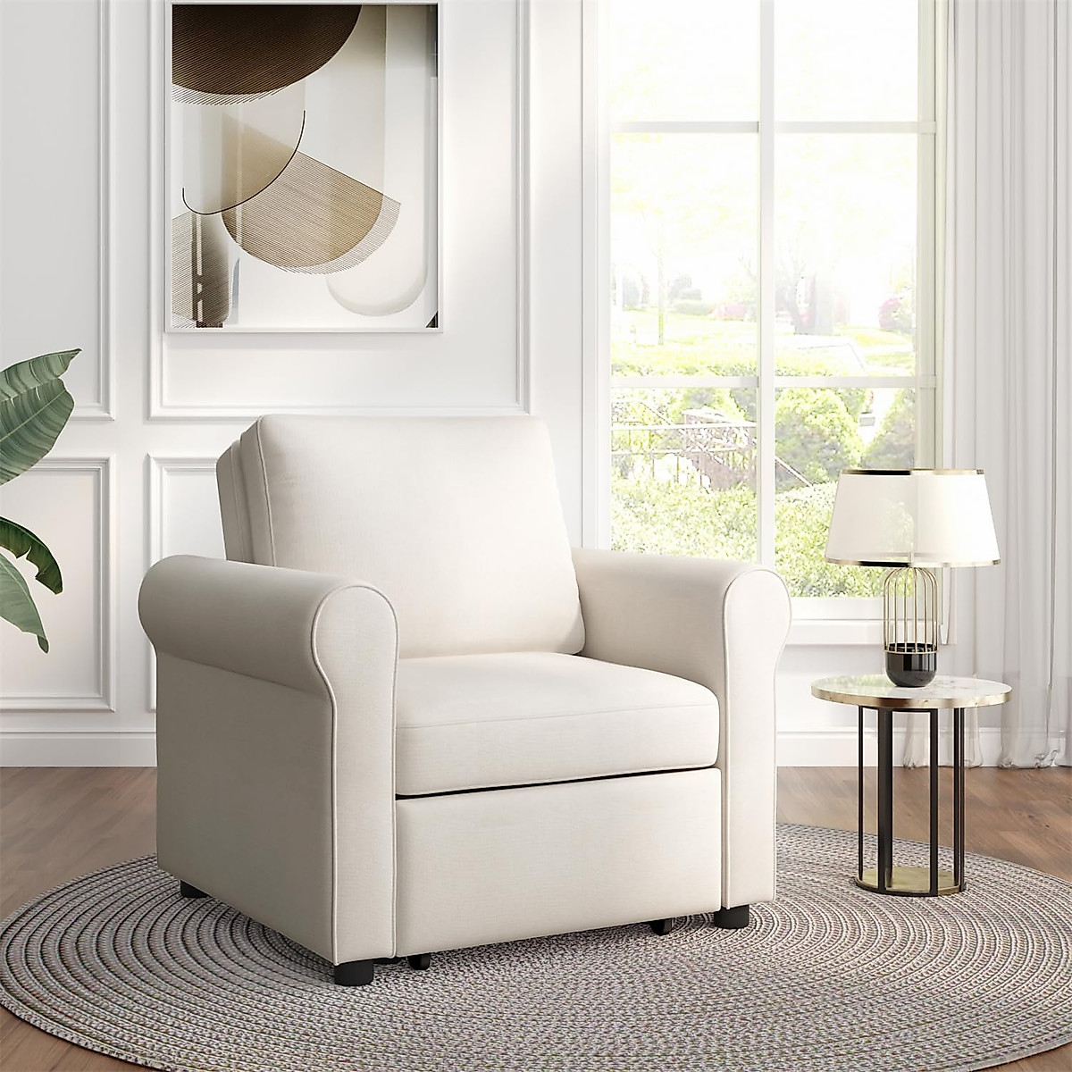 Merax 3-in-1 Sofa Bed Chair with Pillow, Convertible Sleeper Chair Bed, Adjust Backrest Into a Sofa, Single Bed, Modern Chair Bed for Living Room Bedroom, White