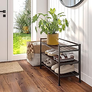 Seville Classics Sturdy Freestanding Storage Shelf for Bedroom, Closet, Entryway, Dorm Room Organizer, Stackable Metal 3-Tier 2" Resin Slat Shoe Rack, Espresso