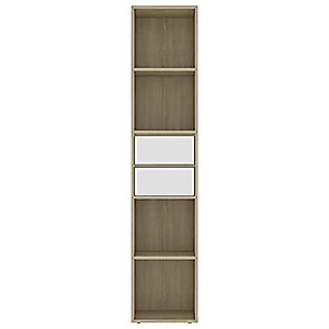 GOLINPEILO Wooden Book Cabinet with 4 Open Shelves and 2 Drawers, Modern Bookshelf for Living Room, White and Sonoma Oak 14.2"x11.8"x67.3" Engineered Wood