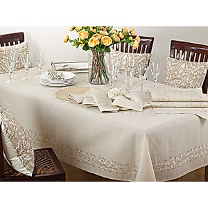 SARO LIFESTYLE Swirling Collection Embroidered Design Linen Blend Table Runner, 16" x 72", Natural