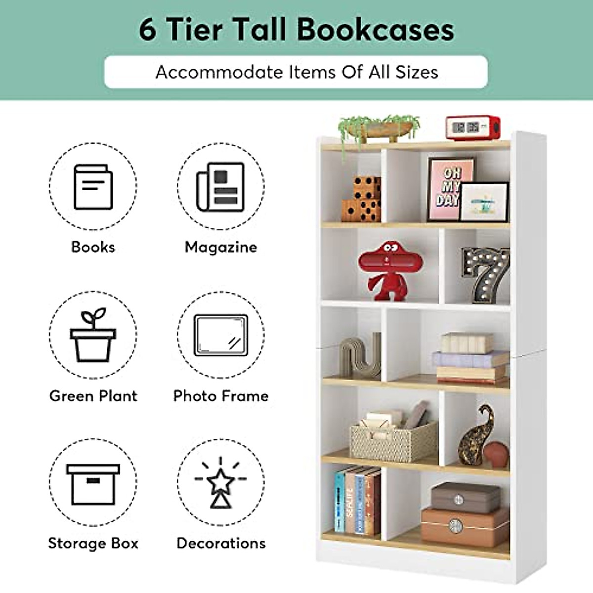 Tribesigns 6 Shelf Bookcase, 72 Inch Tall Wood Bookshelf Modern Bookshelves, Floor Standing Display Shelves Cube Storage Organizer for Living Room, Bedroom, Home Office, White&Brown