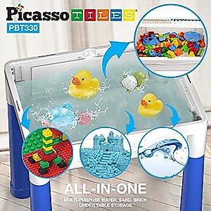 PicassoTiles Kids Activity Center Play Table & Study Desk Set Sandbox Water Tight Container Storage All-in-1 STEM Toy Kit Playset with 331pc Dual Size Building Bricks Construction Blocks Marble Run