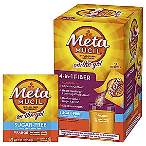 Metamucil On-The-Go, Daily Psyllium Husk Powder Supplement, Sugar-Free Powder, 4-in-1 Fiber for Digestive Health, Orange Flavored Drink, 44 Packets