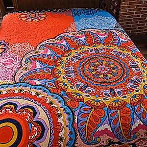 LAMEJOR Quilt Set Queen Size Boho 3-Piece Bedspread Coverlet Set Lightweight Mandala Pattern Reversible Microfiber Multicolor