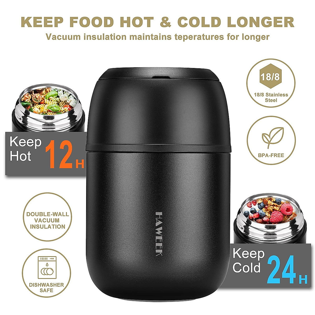 HAWEEK Insulated Food Container 17 oz Soup Thermo for Hot Food Kids Adults, Stainless Steel Vacuum Lunch Box with Folding Spoon, Adult Kids Thermo Portable with Handle for School, Office, Outdoor