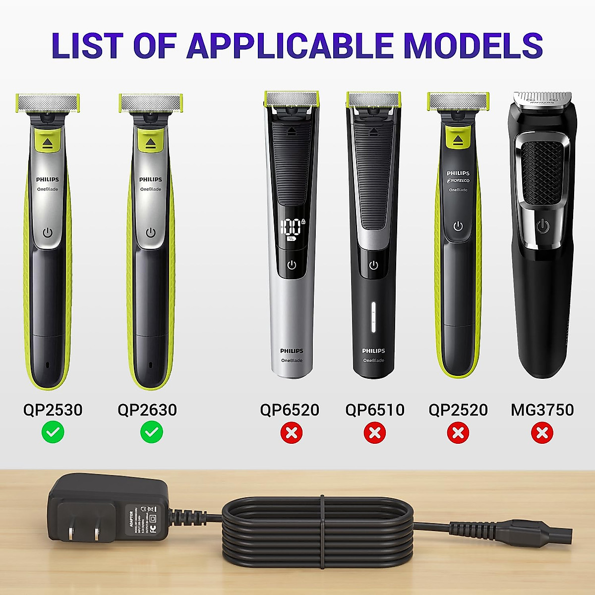 XXSZHY 8V HQ850 Shaver Charger Fit for Philips HQ850 Power Cord - Norelco One Blade QP2630 QP2530 Oneblade Razor Supply Adapter Replacement 3.3FT (8v 100ma)