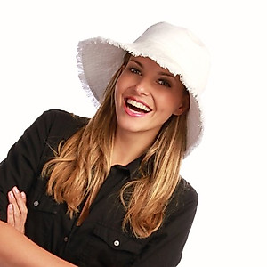 Physician Endorsed Women's Castaway Canvas Bucket Sun Hat with Fringe, Rated UPF 50+ for Max Sun Protection, White, One Size