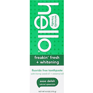 Hello Vegan Fluoride Free Toothpaste, Super Fresh Spearmint, Naturally Whitening Toothpaste, Hemp Seed Oil + Coconut Oil, Helps Remove Plaque, No SLS/Sulfates, 4 Ounce