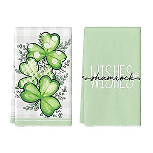 Artoid Mode Buffalo Plaid Eucalyptus Leaves Clover Shamrock Wishes St. Patrick's Day Kitchen Towels Dish Towels, 18x26 Inch Seasonal Decoration Hand Towels Set of 2
