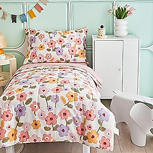 Cotton 4 Pieces Pink Flowers Toddler Bedding Set with Pink Orange Purple Flowers Includes Adorable Quilted Floral Comforter, Pink Fitted Sheet, Top Sheet, and Pillow Case for Boys Girls