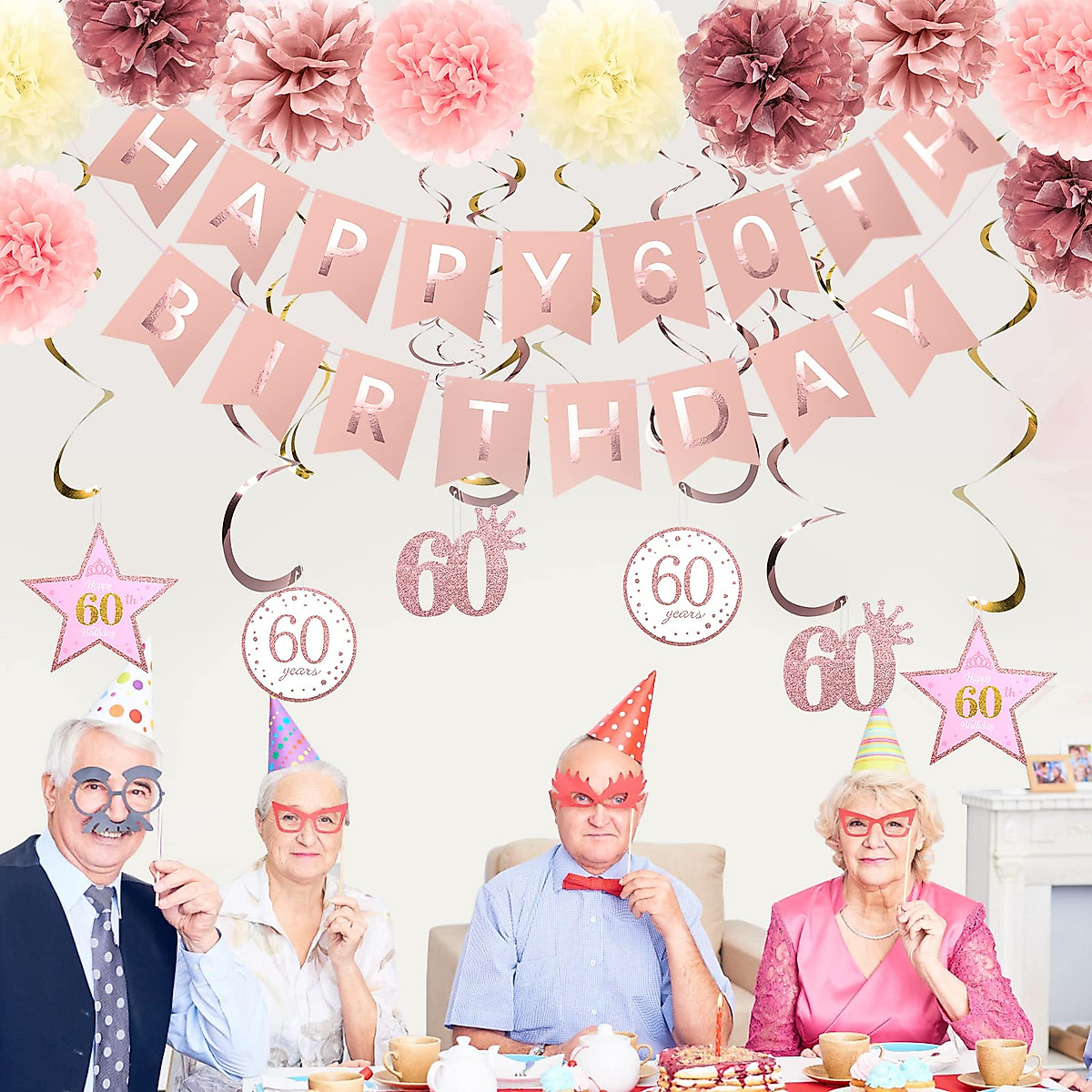 GuoZhiXin Rose Gold 60th Birthday Party Decorations , Rose gold Glittery Happy 60th Birthday Banner,Poms,Sparkling Hanging Swirls Kit for 60th Birthday Party Supplies