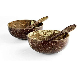 ZYEZI Coconut Bowls Spoons 2 Set, Natural,eco Friendly,Lightweight & Durable for Breakfast Smoothie Cereal Serving Decoration