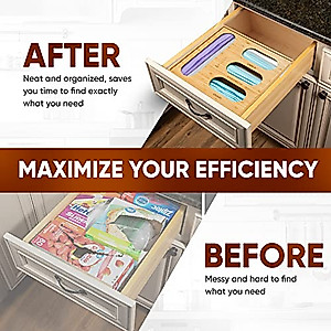 HidzBasics Ziplock Bag Organizer – Bamboo Ziplock Bag Storage Organizer for Gallon, Quart, Sandwich, and Snack Size Food Bags – Baggie Organizer for Kitchen Drawer and Pantry – Wooden Slider Lid