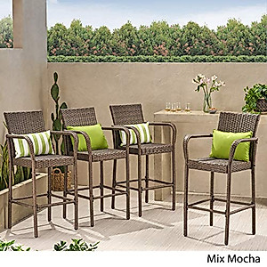Christopher Knight Home Delfina Outdoor Wicker Barstools with Iron Frame, 4-Pcs Set, Mix Mocha