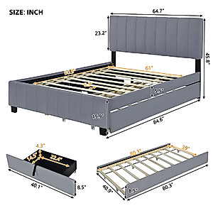 Harper & Bright Designs Queen Size Upholstered Bed with 1 Twin XL Trundle and 2 Storage Drawers, Velvet Platform Bed Wood Frame, No Box Spring Needed (Gray)