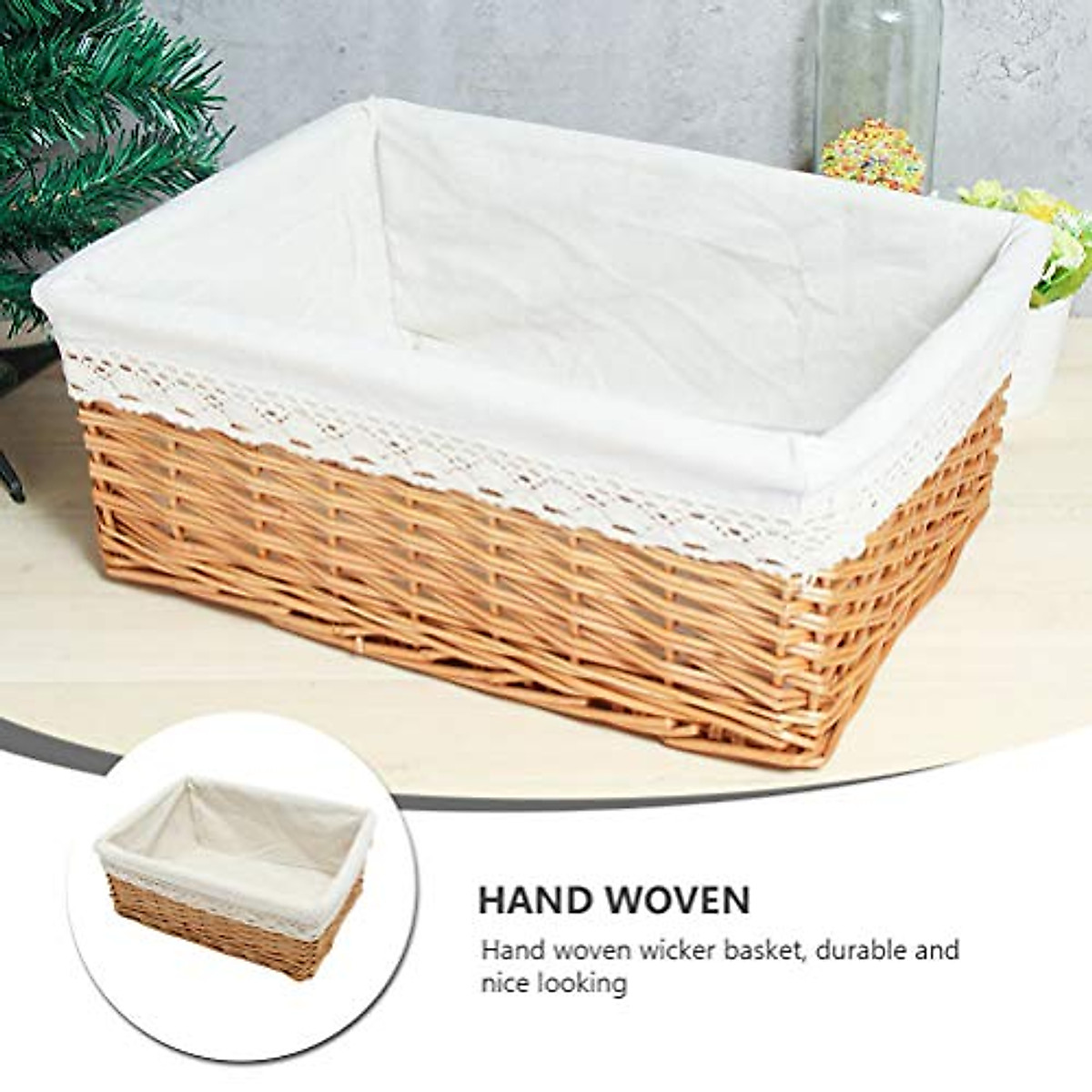 Cabilock 35 * 25 * 13cm Rectangular Storage Basket Handwoven Large Shelf Basket with Cotton Liner Willow Wicker Storage Basket- Size M