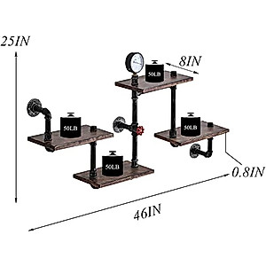 BOSURU Industrial Floating Pipe Wall Shelves Rustic Wood Shelving 4 Layer Ladder Hanging Bookshelf for Bedroom Office Decor