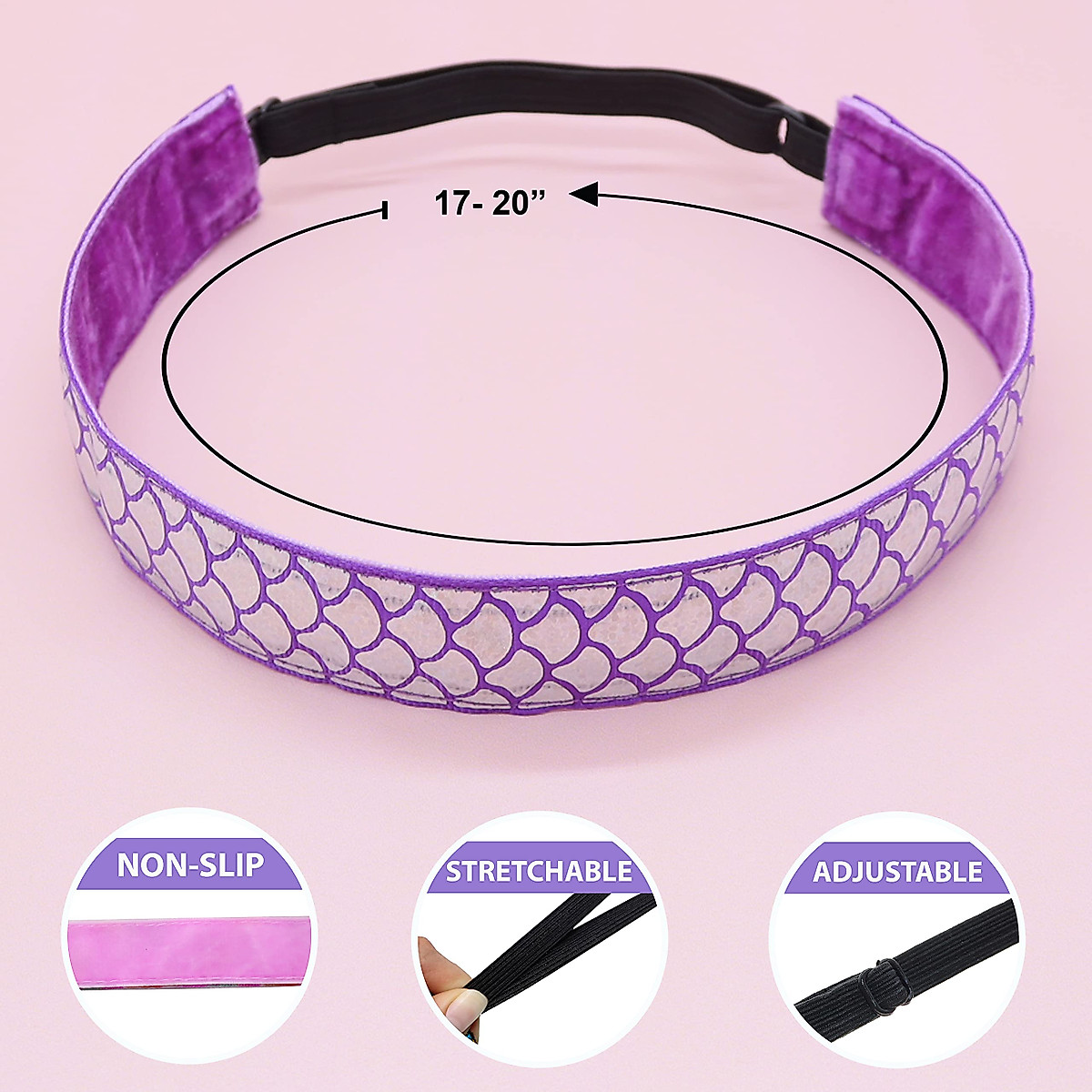 FROG SAC 6 Mermaid Elastic Headbands for Girls, Adjustable Non Slip Headband Hair Accessories for Kids, Stretch No Slip Head Bands for Preteen, Girl Mermaids Birthday Party Favors