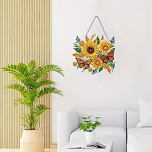 AZURAOKEY Sunflower Diamond Art Kits Hanging Sign Special Shaped Diamond Dots Art Acrylic Ornaments Flower Diamond Art Kits Pendant for Adult Kid Home Wall Window Decor Gift