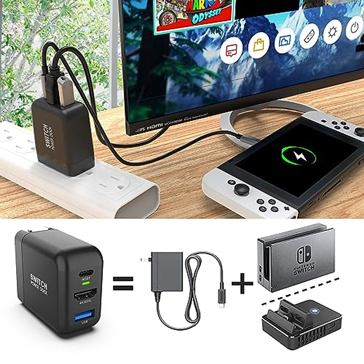 Switch Dock Charger for Nintendo Switch, Mirabox 36W Portable TV Docking Station for Nintendo Switch with 4K@60Hz HDMI/USB2.0/PD USB-C Fast Charging Ports, Full-Featured USB-C to USB-C Cable Included