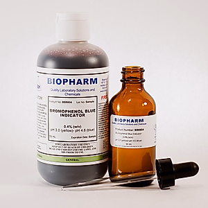 Bromophenol Blue Indicator 0.4% Aqueous Solution — 250 mL (8.4 fl oz) — Includes a 50 mL Empty Dropper Bottle and Dispensing Cap — pH 3.0 (Yellow) - pH 4.6 (Blue)