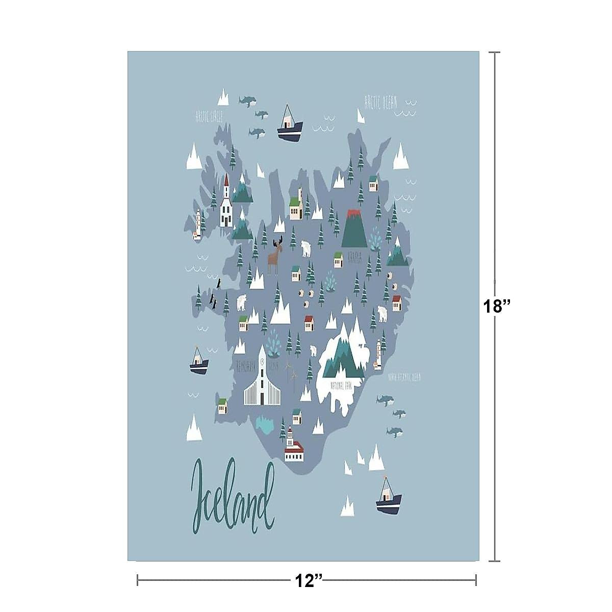 Map of Iceland Travel World Map with Cities in Detail Map Posters for Wall Map Art Wall Decor Geographical Illustration Tourist Landmark Travel Destinations Cool Wall Art Print Poster 12x18