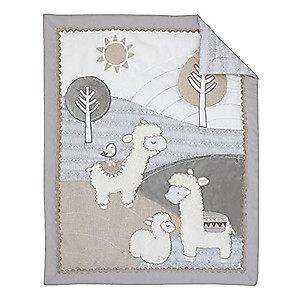 NoJo Mama's Little Llama Grey, White and Charcoal 4 Piece Nursery Crib Bedding Set - Comforter, Crib Sheet, Dust Ruffle and Nursery Organizer