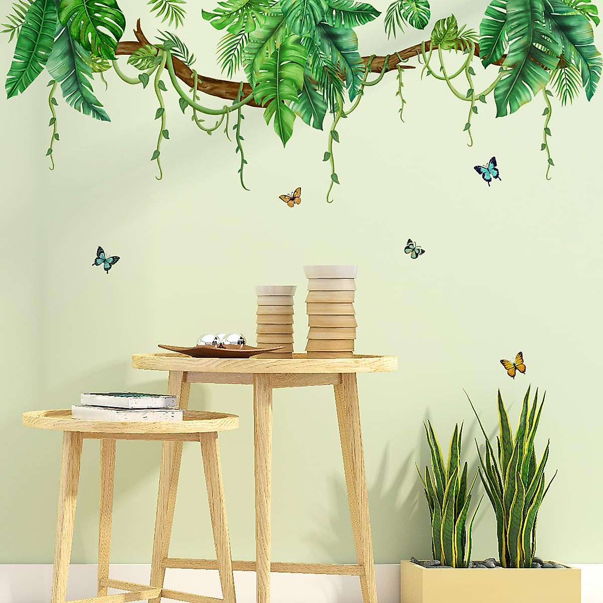 NXUEBDU Jungle Wall Decals Tropical Wall Decor Stickers Hanging Vines Palm Leaves Wall Murals Peel and Stick Green Plant with Butterfly Wall Stickers for Bedroom Living Room Wall Decor