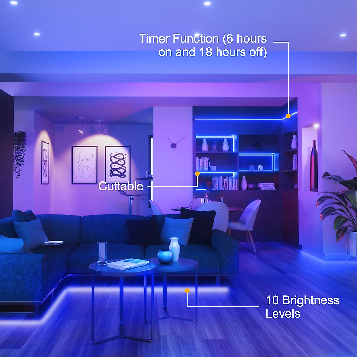 echosari Blue Led Strip Lights Waterproof Battery Operated with Remote, 8 Modes, Dimmable, Timer, Self-Adhesive, Cuttable, 3M 90Led Battery Strip Led Light for Indoor Outdoor Decor