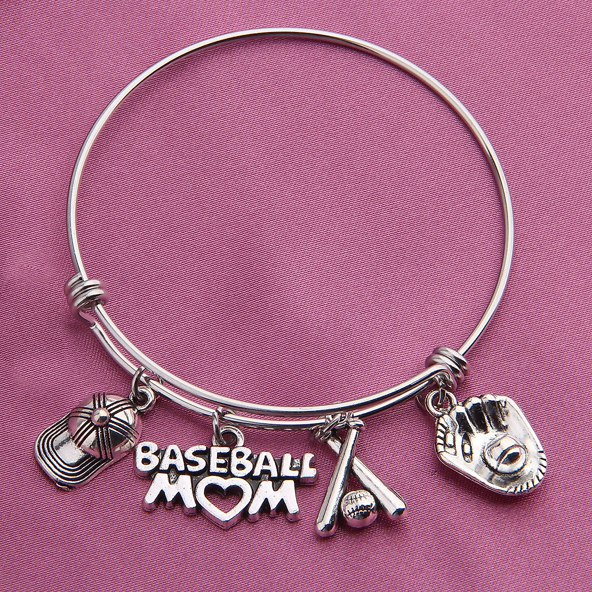 QIIER Baseball Mom Bracelet Sports Expandable Charm Bangle Baseball Jewelry for Moms Fans (silver)