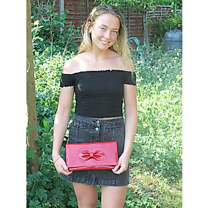 LONI Womens Gorgeous Faux Patent Bow Clutch/Shoulder Bag Wedding Prom Bag Medium Size in hot fuschia pink