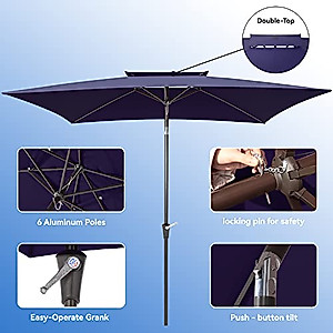 Pakarde 6.6x10ft Rectangle Patio Umbrellas 2 Tiers Outdoor Table Umbrella with Push Button Tilt and Crank for Pool, Backyard, Deck, Picnic, Yard