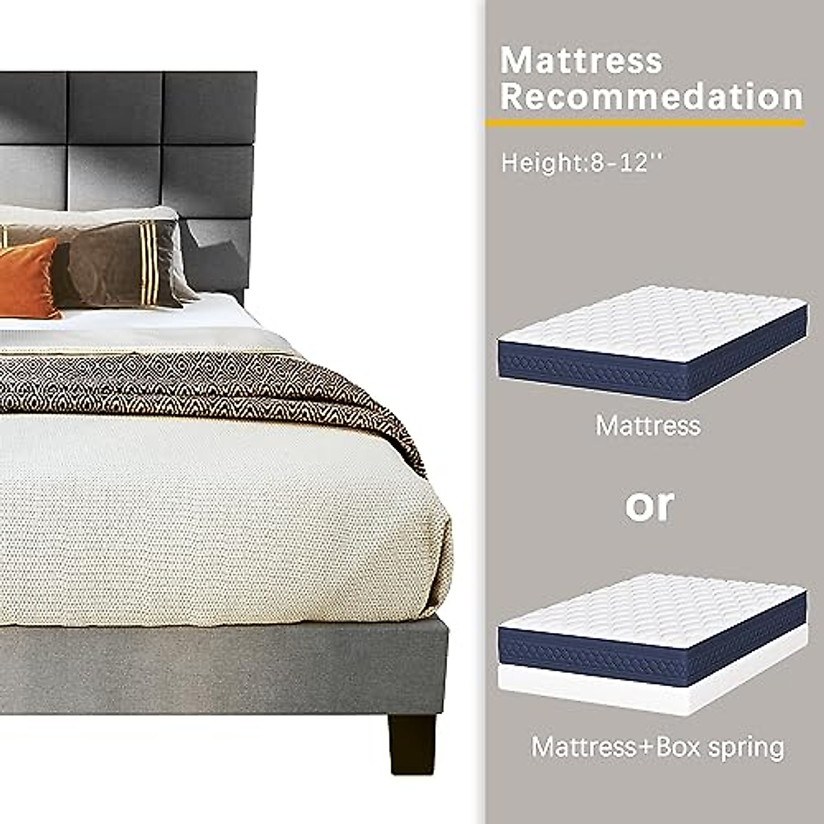 Fluest Queen Bed Frame Upholstered Bed Frame Platform with Adjustable Headboard Linen Fabric Tufted Headboard Wooden Slats Support, No Box Spring Needed, Easy Assembly, Mattress Foundation, Light Grey