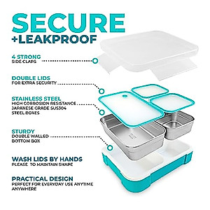 Stainless Steel Bento Lunch Box for Adults Kids with Insulated Bag and Ice Pack, Set of 3 Large Leakproof Meal Prep Food Containers for Men or Women, Lunch-Boxes for Work or School, 42 oz Teal Blue