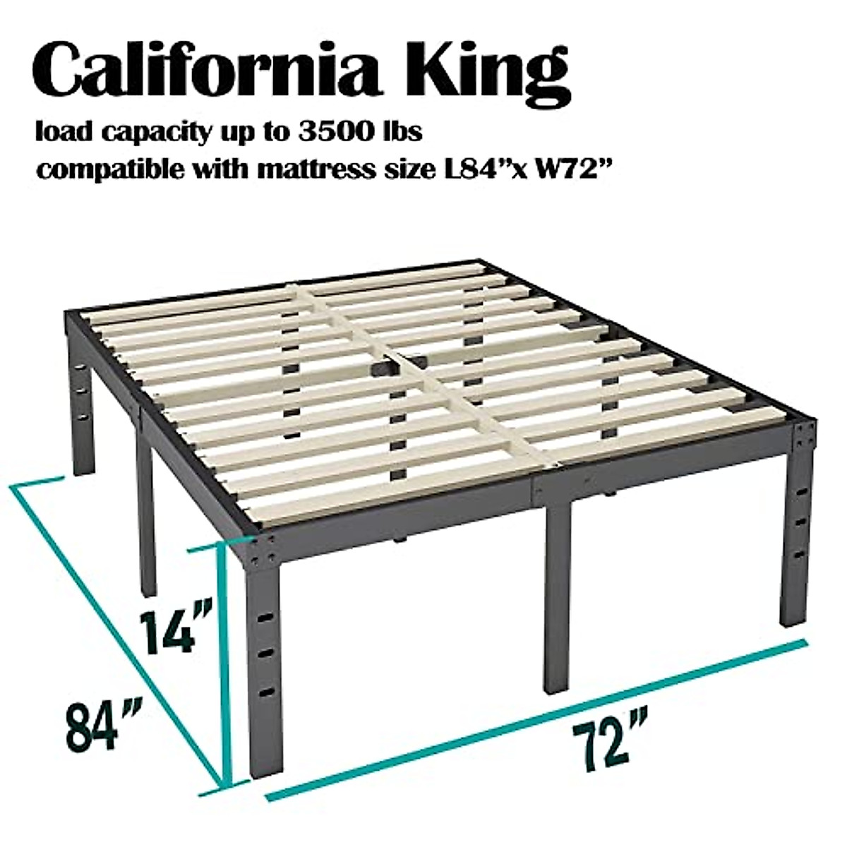 Auroral Zone 14in High Heavy Duty California King Bed Frames No Box Spring Needed, Metal Platform Cal King Bed Frame with 3in Wide Wood Slats, Easy Assembly, Noise Free, Black