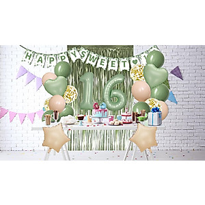 Sweet 16 Party Decorations, Sage Green 16th Birthday Decorations for Girls Sweet 16 Birthday Banner Green Balloons Kit for Her Birthday Party Supplies