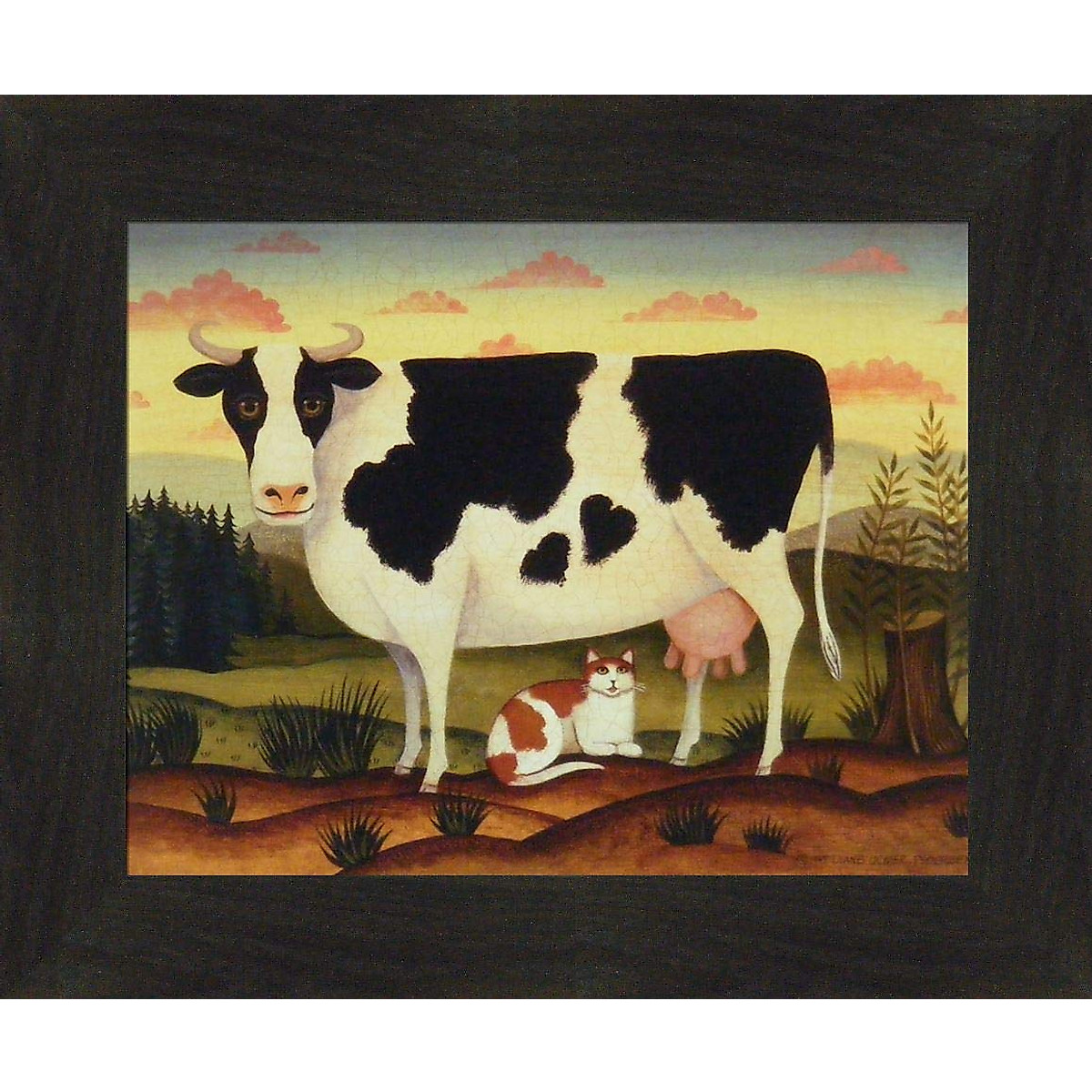 Home Cabin Décor Cow and Cat by Diane Ulmer Pedersen 15x18 Farm Barn Animals Kitty Framed Folk Art Print Picture
