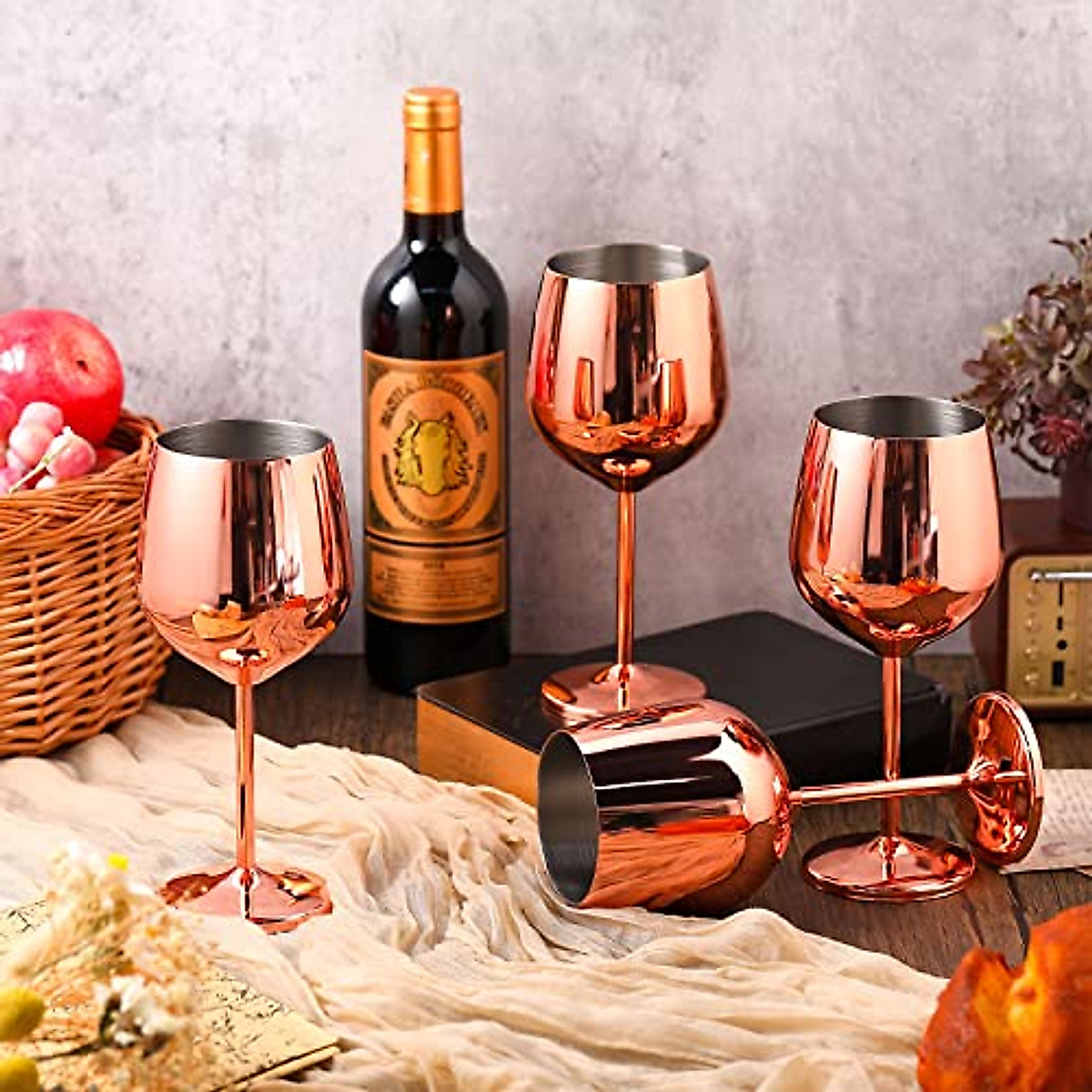 12 Pack Stainless Steel Wine Glass 18 oz Unbreakable Stemmed Wine Glass Rose Gold Wine Glasses Portable Steel Wine Glass Wine Goblets Metal Drinkware for Champagne Cocktail Pool Wedding Party Camping