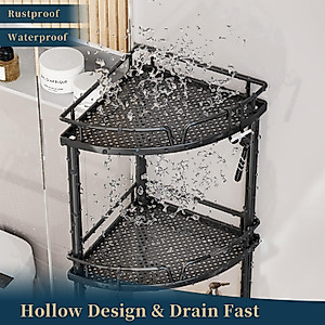 Consumest Corner Shower Caddy Stand - 3 Tier Shower Organizer with Soap Holder, Standing Tall Floor Shower Stand with Adjustable Feet & 4 Hooks, Shower Shelf Rack Storage for Bathroom Black