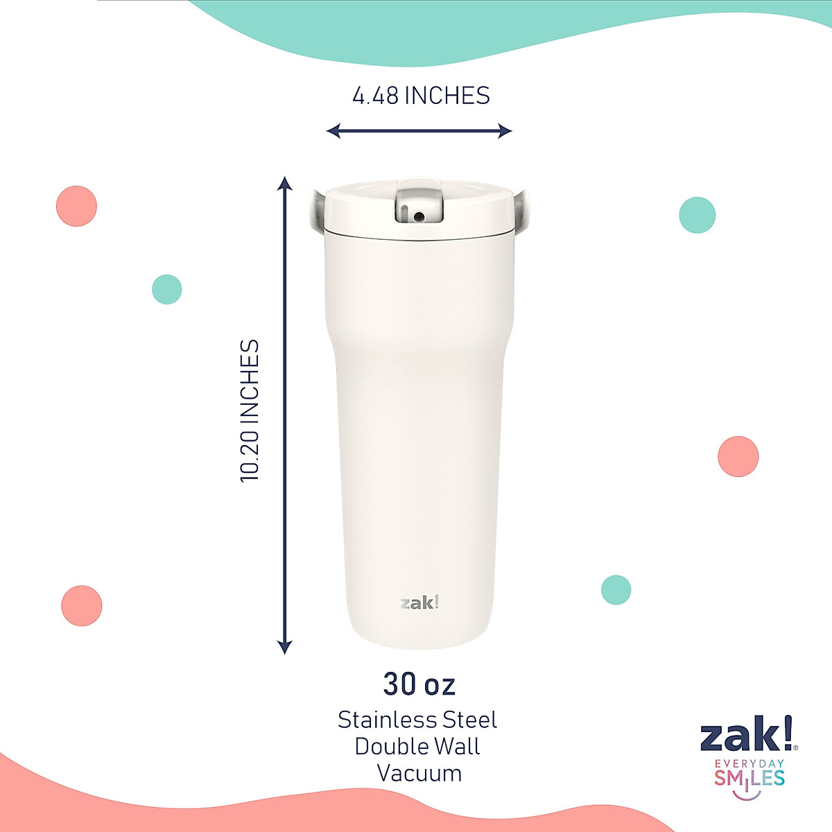 Zak Designs Sutton Travel Tumbler for On the Go, 30oz Stainless Steel with Vacuum Insulation, Straw Spout, Carry Handle for Cold Drinks (Cream White)