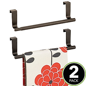mDesign Metal Over Kitchen Cabinet Door Towel Bar Holder for Hand, Dish, and Tea Towel Rack - Over the Door Towel Bar- Hang Inside or Outside Doors - Kitchen Organizer, Omni Collection, 2 Pack, Bronze