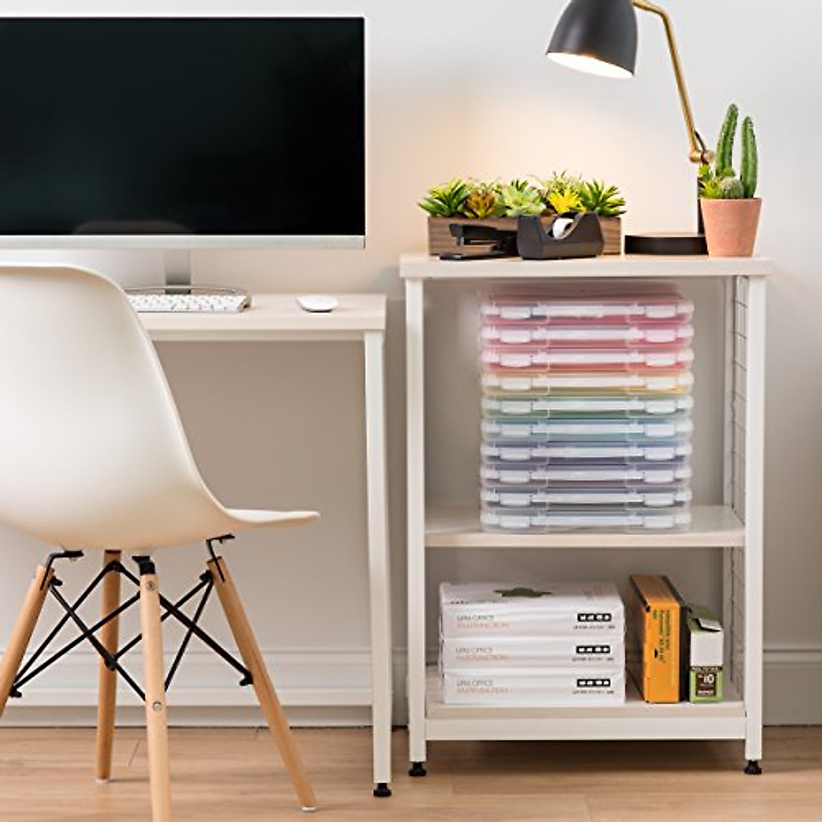 IRIS USA 6 Qt. Large Flat Plastic Modular Storage Bin Tote Organizing Container, 6 Pack, Clear and Purple & IRIS USA, Inc. IRIS Slim Portable Project Case, 10 Pack, Clear (586390)