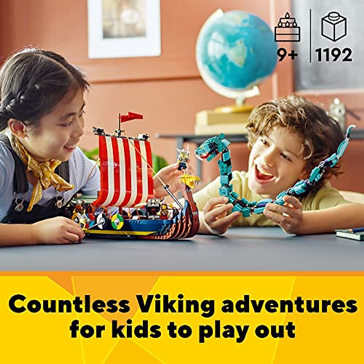 LEGO Creator 3in1 Viking Ship and The Midgard Serpent 31132, Toy Boat and Snake to House or Wolf Figure Building Set, Gifts for Kids, Boys & Girls