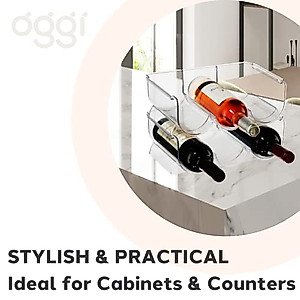 OGGI Bottle Rack for Wine, 6 Bottle Wine Storage - Stackable Wine Rack with Secure Stack Tabs. Ideal Wine Bottle Holder for Kitchen, Cabinet, Pantry, Fridge - Each Rack Holds 3 Bottles, 2 Pack - Clear