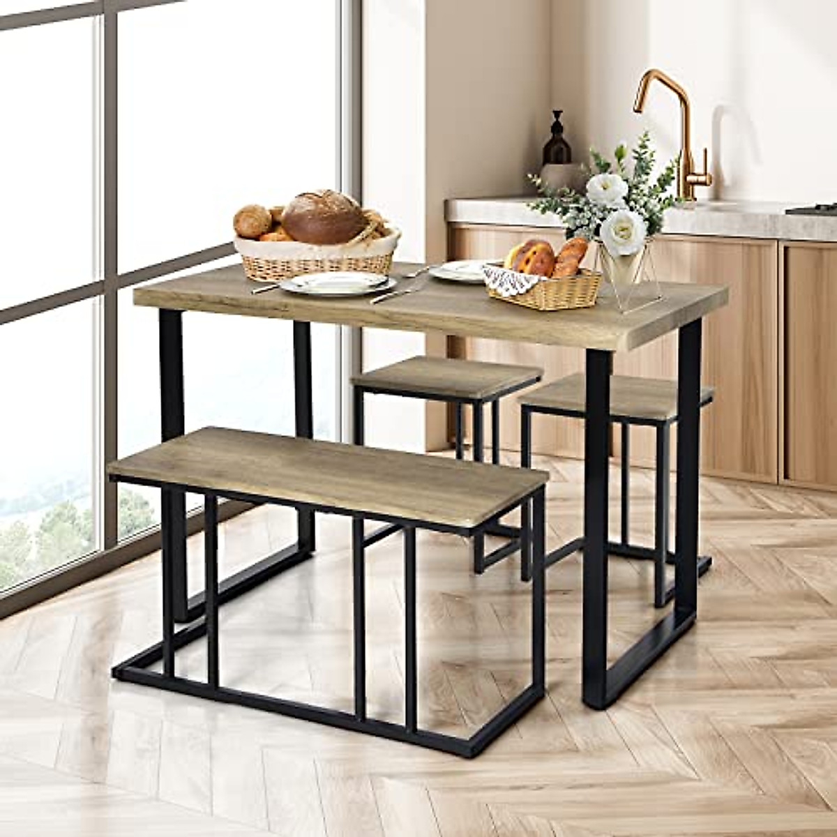 COSTWAY 4 Piece Dining Table Set, Modern Counter Height Kitchen Table Set for 4 w/Bench & 2 Stools, Sturdy Iron Structure, Space-Saving Dining Table and Chair Set for Home Pub Breakfast, Oak Grey
